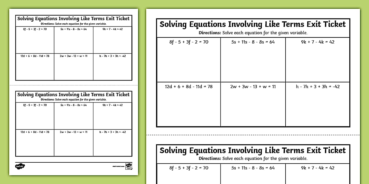 Eighth Grade Solving Equations Involving Like Terms Exit Ticket