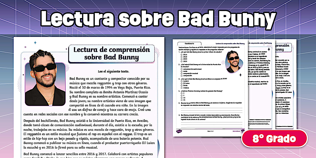 Lectura de comprensión sobre Bad Bunny para octavo grado