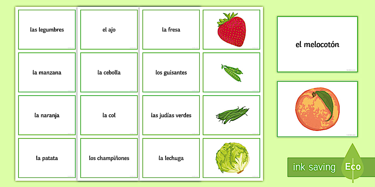 Fruit and Vegetables Matching Cards Spanish - Twinkl