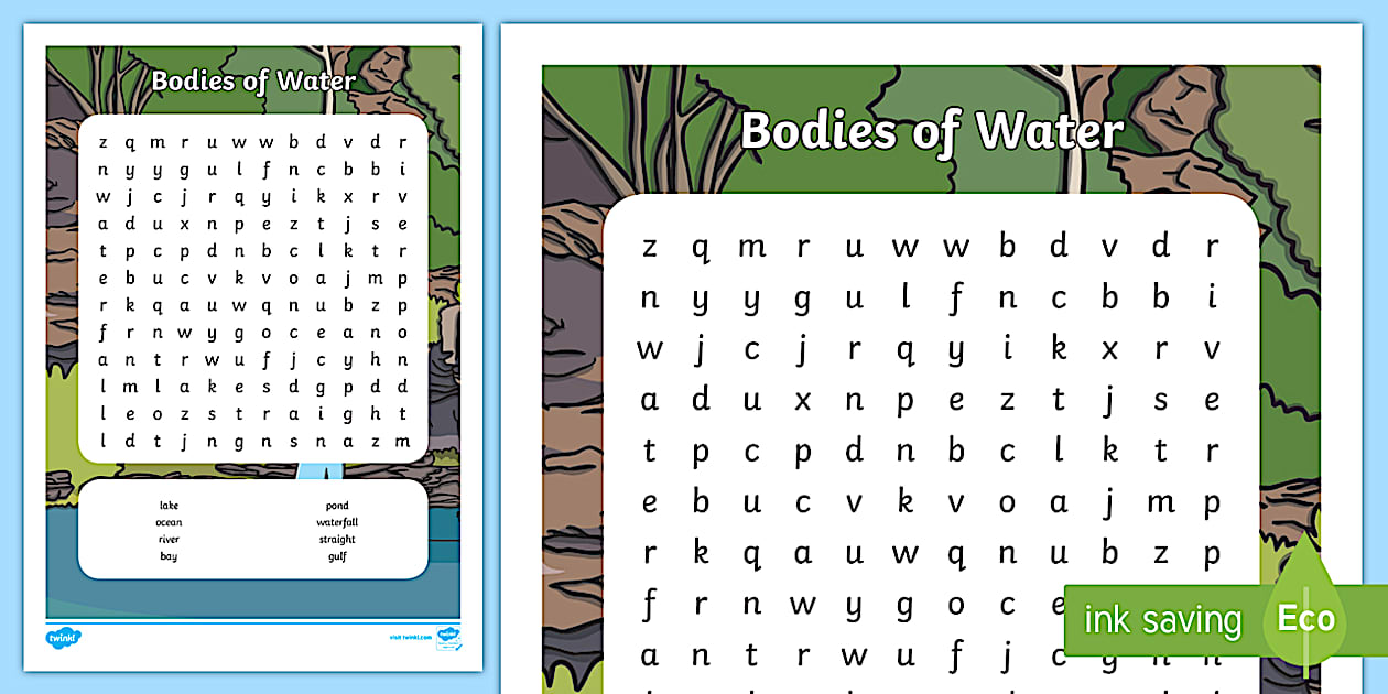 Bodies of Water Word Search for K2nd Grade