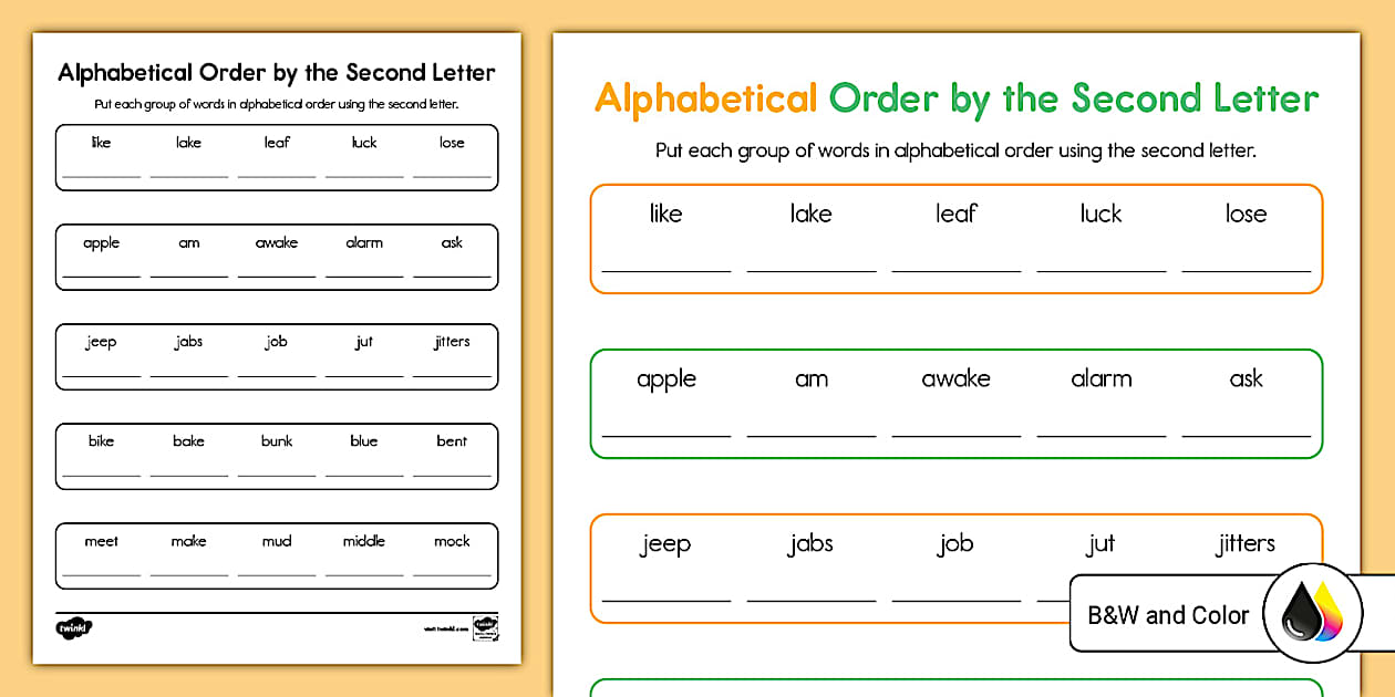 Alphabetical Order by Second Letter Worksheet for K-2nd Grade