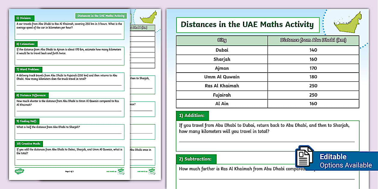 Distances in the UAE Maths Activity Sheet (teacher made)
