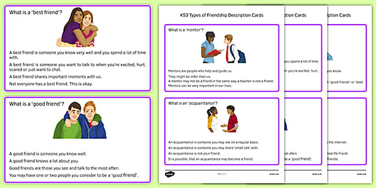 Editable KS3 Types of Friendship Description Cards - Twinkl
