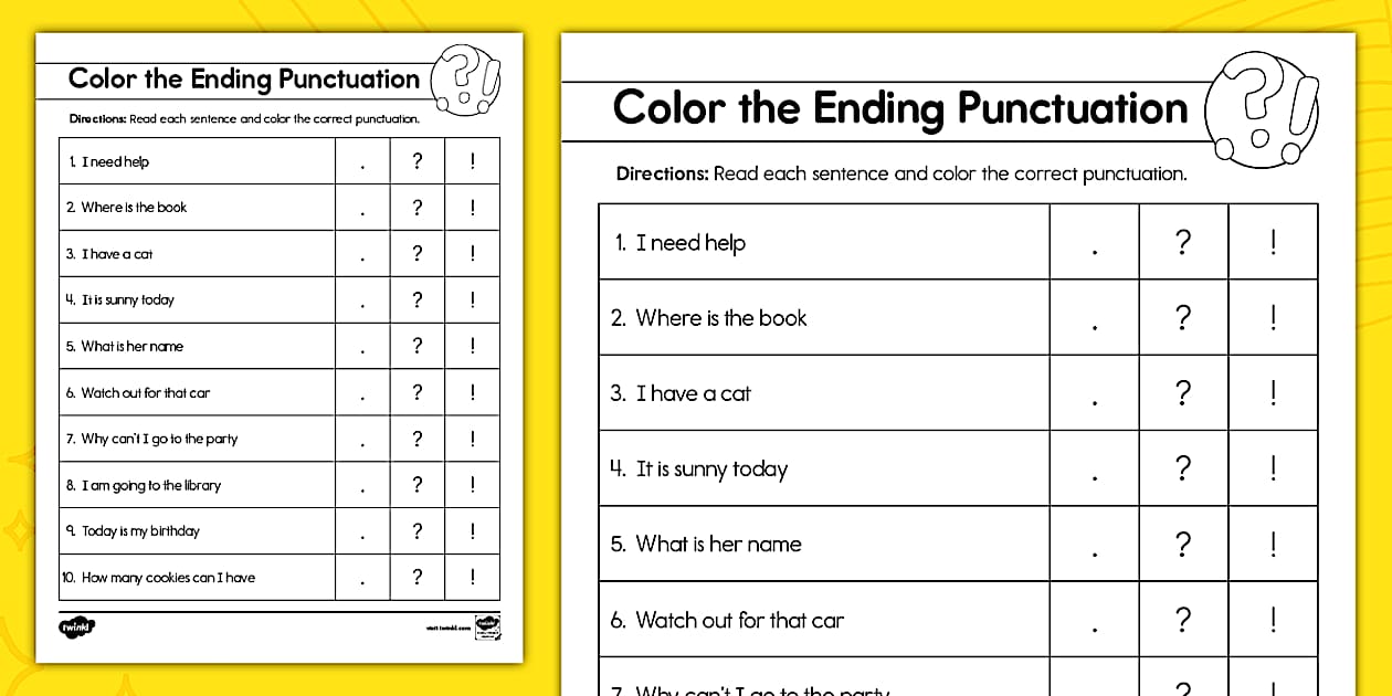 Kindergarten Color the Ending Punctuation Worksheet - Twinkl