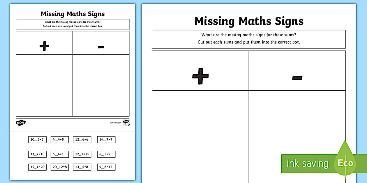 Missing Maths Signs Plus or Minus Worksheet / Worksheet