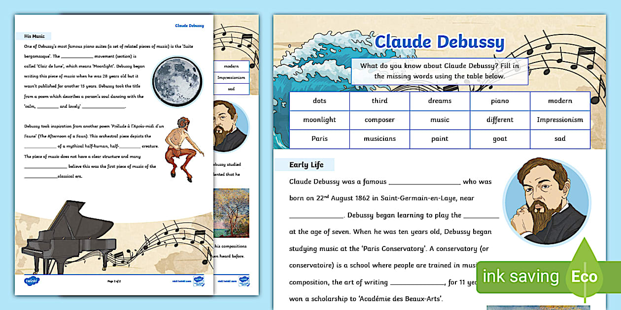 👉 Claude Debussy Cloze Activity (Teacher-Made) - Twinkl