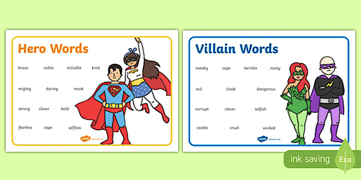 Hero & Villain Word Mat | Superhero Adjectives | Twinkl Pack