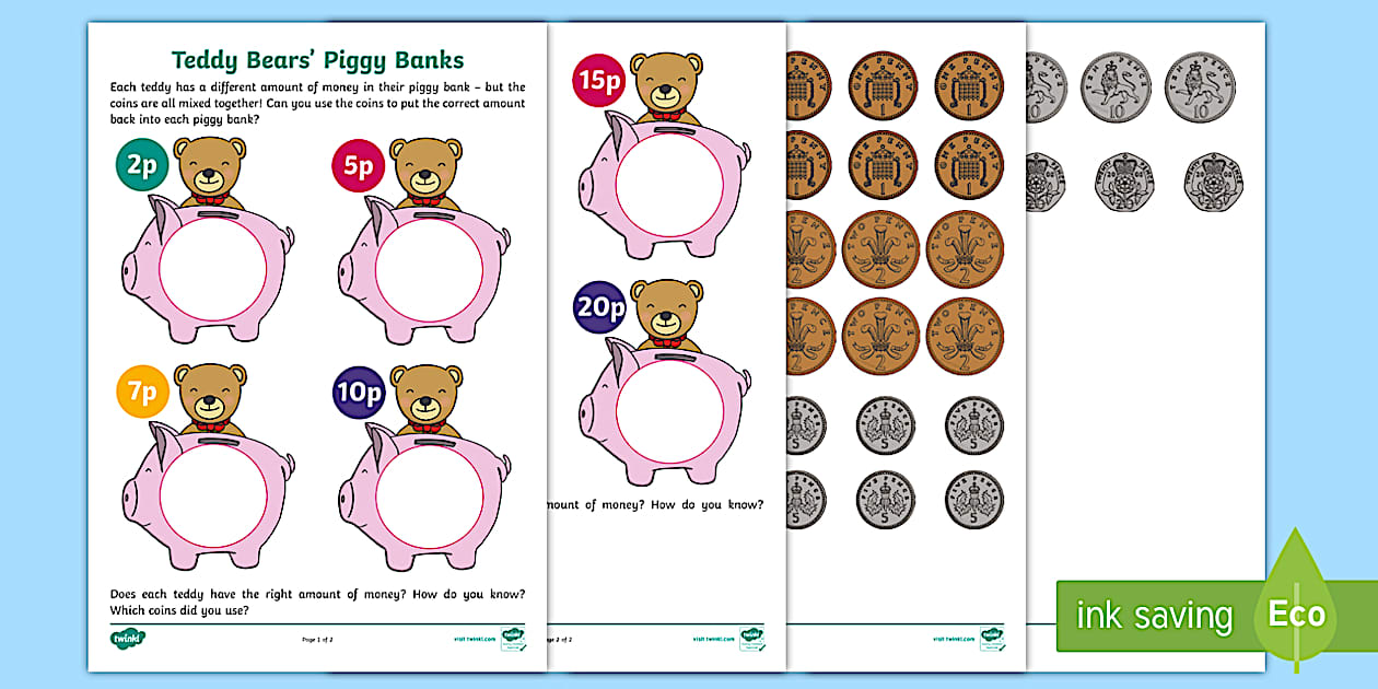 Teddy Bears' Piggy Banks (to 20p) Worksheets (teacher made)