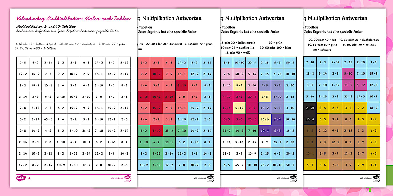 Valentinstag Multiplikation Malen nach Zahlen - Twinkl
