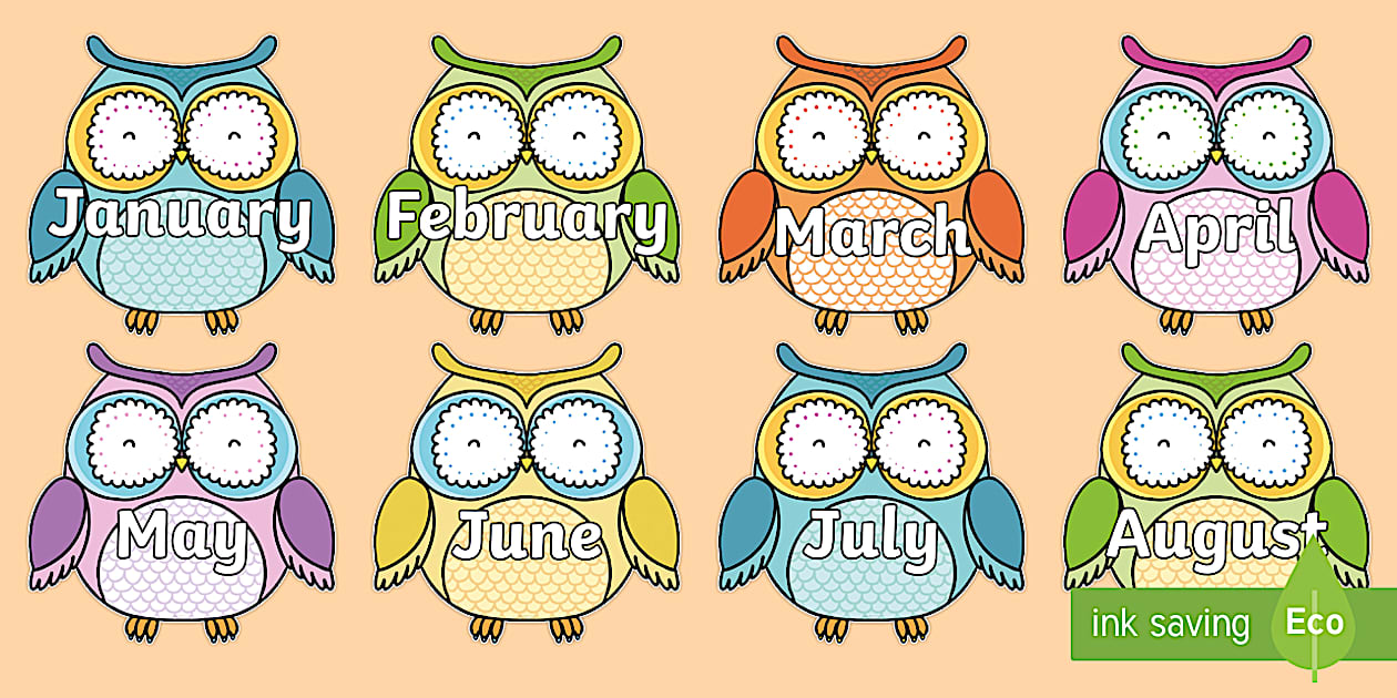 Months of the Year on Cute Owls Display Cut-Outs - Twinkl