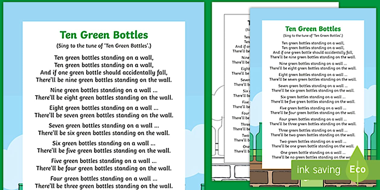 Black and White Ten Green Bottles Nursery Rhyme Poster