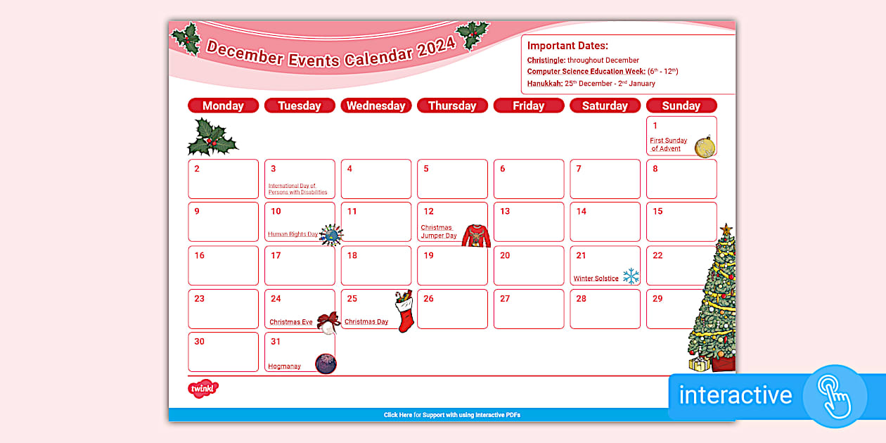 Interactive PDF: Free December Events Early Level Calendar
