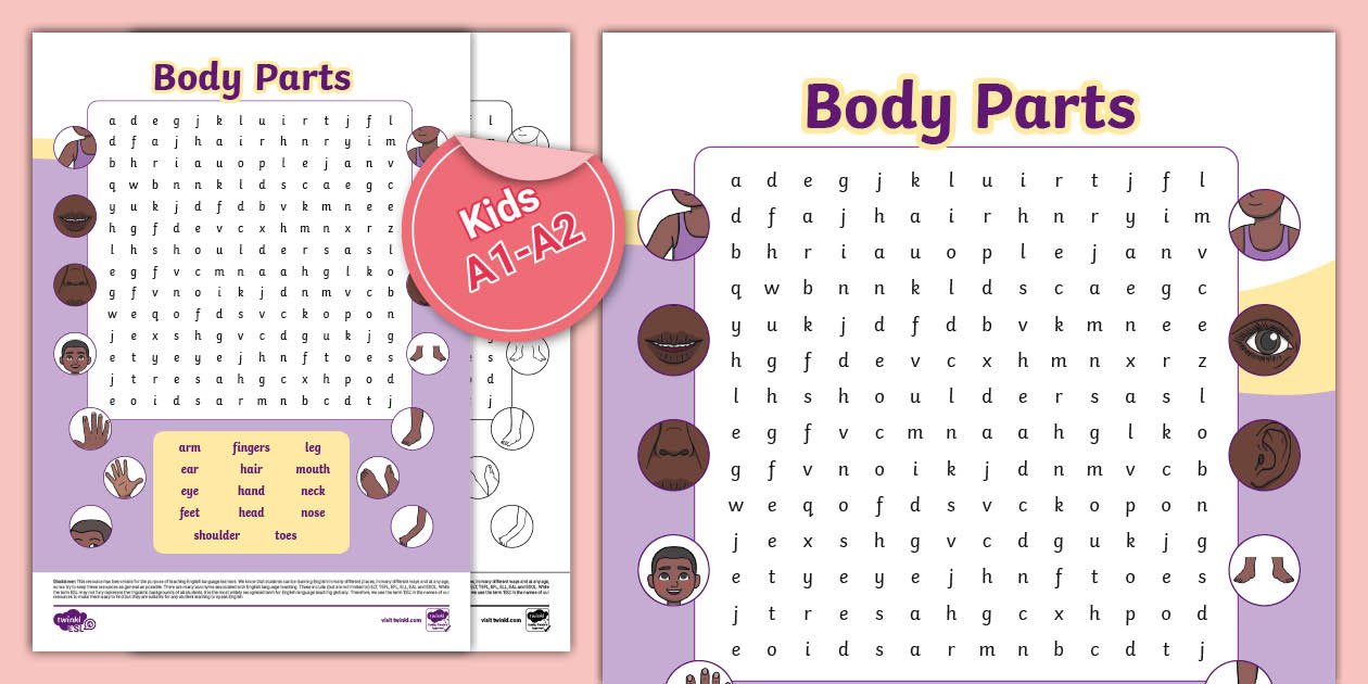 ESL Body Parts Word Search [Kids, A1-A2] (teacher made)