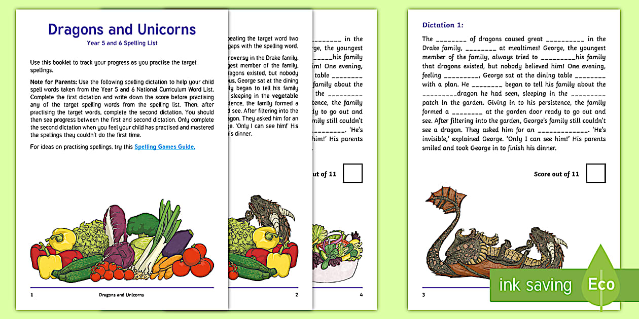 Dragons Spelling Dictation Activity for Year 5 & 6
