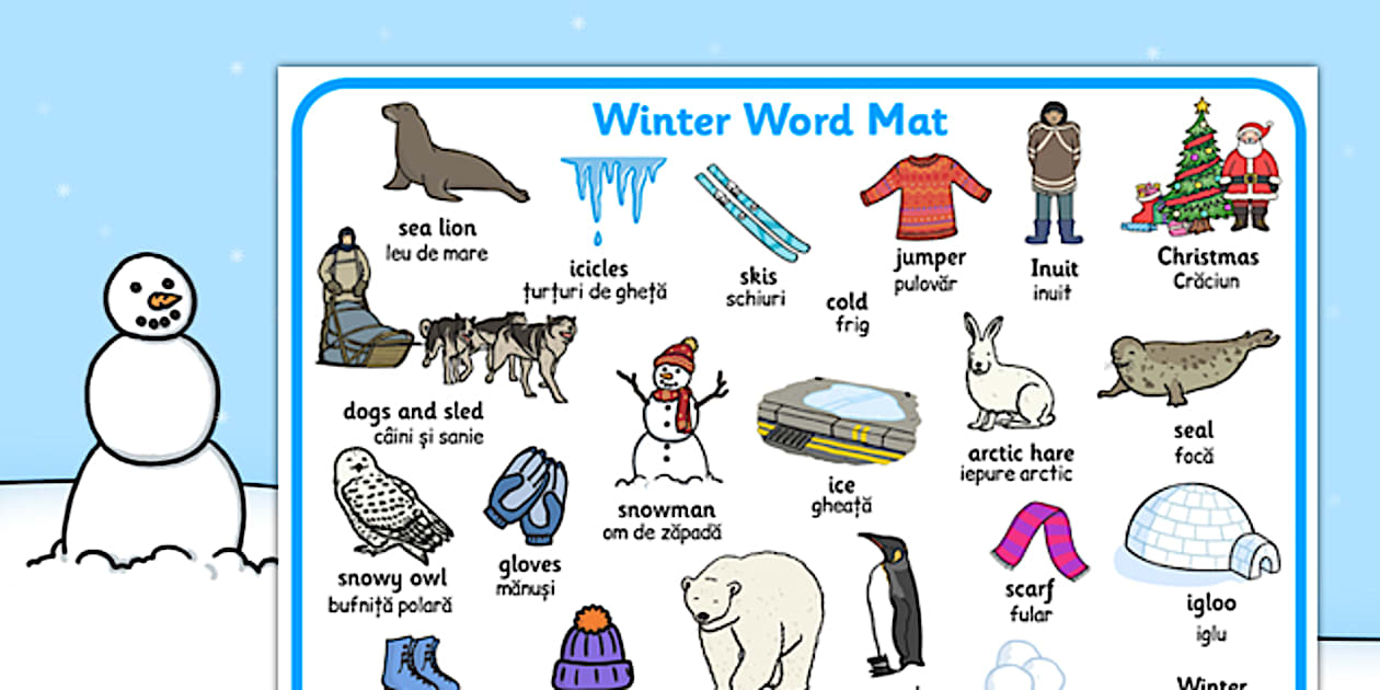 Winter Word Mat EAL Romanian Translation - Twinkl
