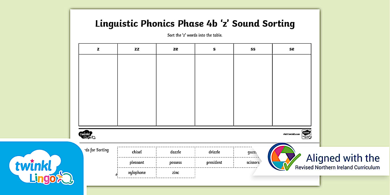 Linguistic Phonics Phase 4b, 'z' Sound Sorting Worksheet