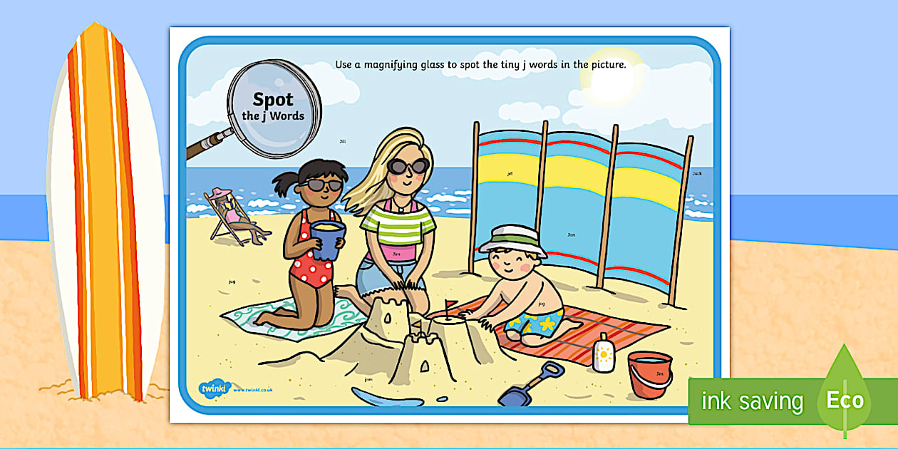 Editable Phase 3 j Words Beach Scene Magnifying Glass Worksheet