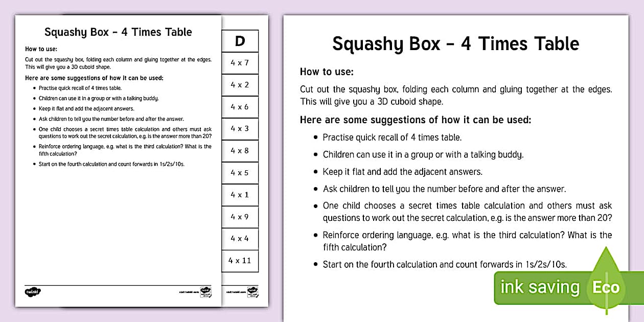 Editable Squashy Boxes 4 Times Tables Craft - Twinkl