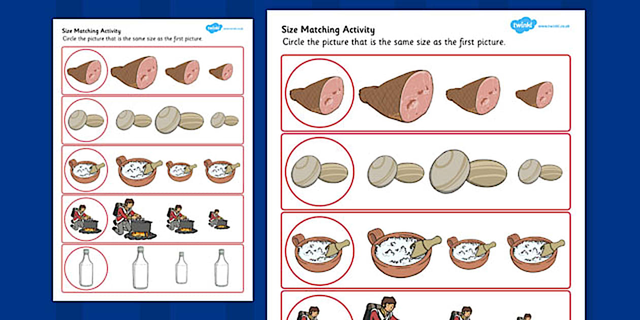 Black and White Stone Soup Size Matching Worksheets - Twinkl