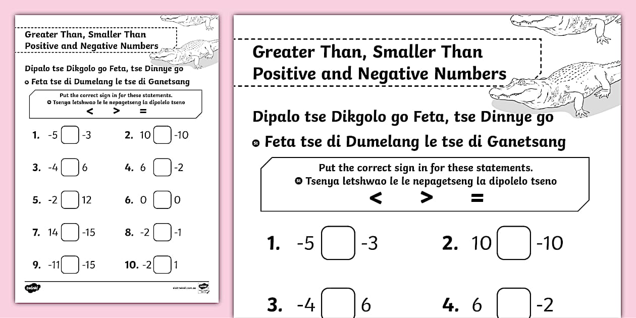 Greater Than, Smaller Than Positive and Negative Numbers Setswana