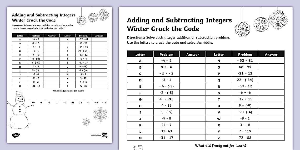 Adding and Subtracting Integers Winter Crack the Code Worksheet for 6th-8th