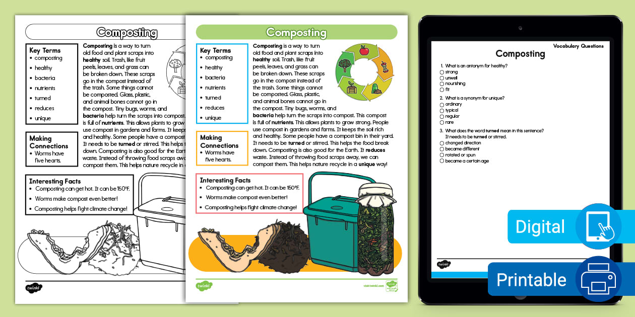 Second Grade Composting Fact File and Vocabulary Questions