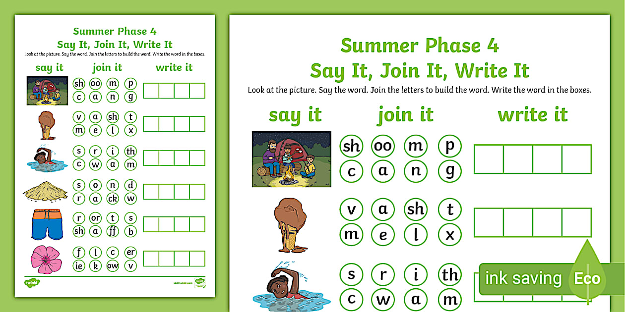 Summer Phase 4 Say It, Join It, Write It Activity - Twinkl