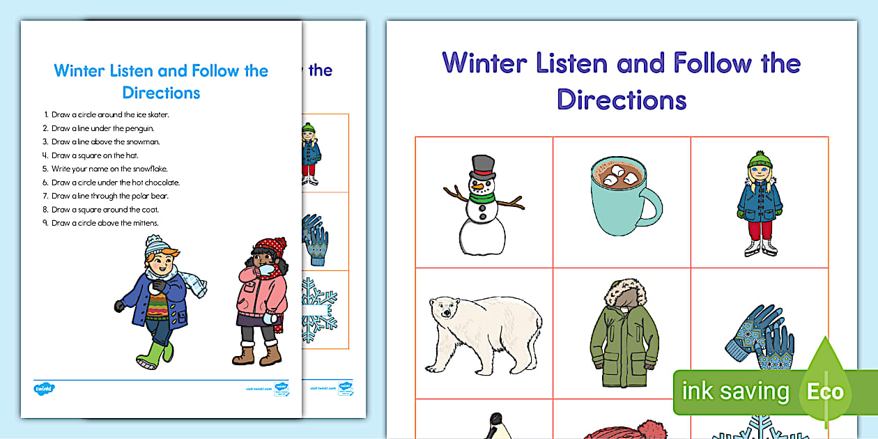 Winter Listen and Follow the Directions Worksheet - Twinkl