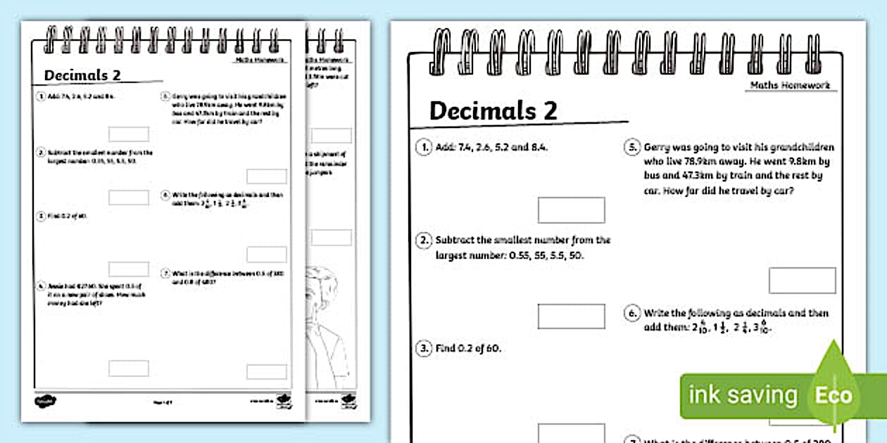 Maths Homework - Decimals 2 (teacher made) - Twinkl