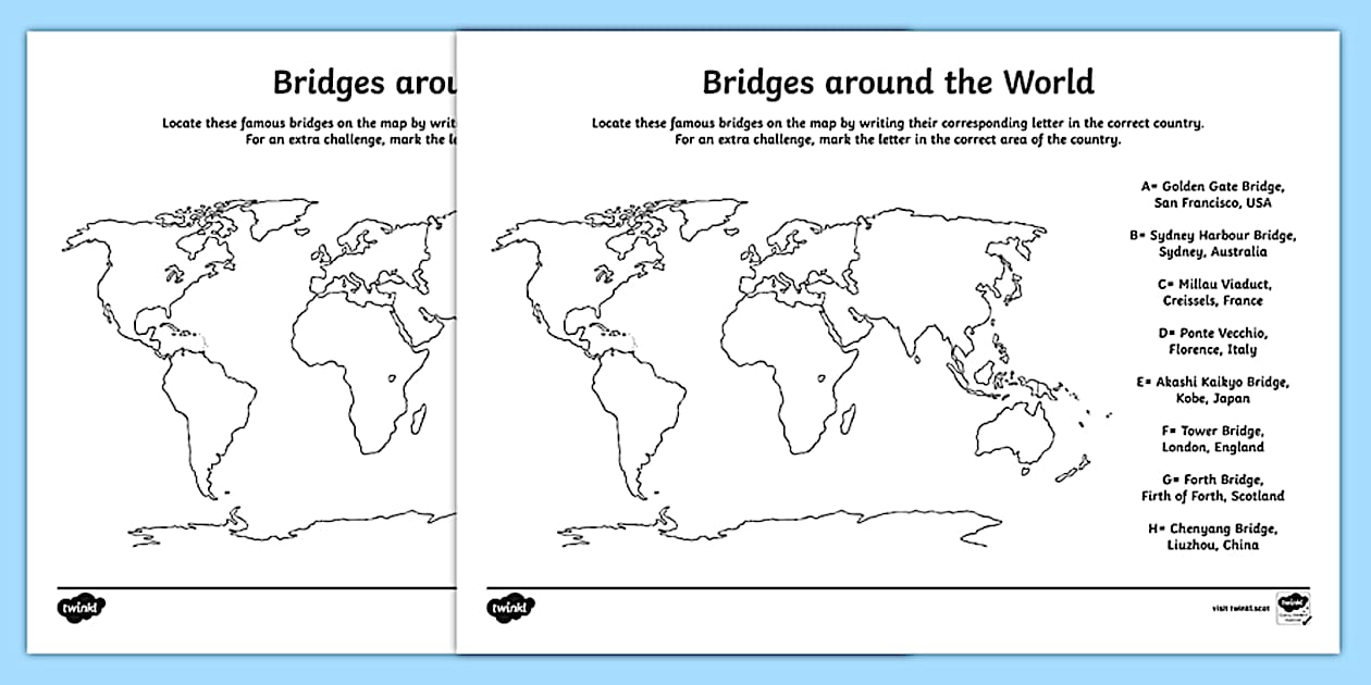 Bridges of the World Mapping Worksheet - Twinkl