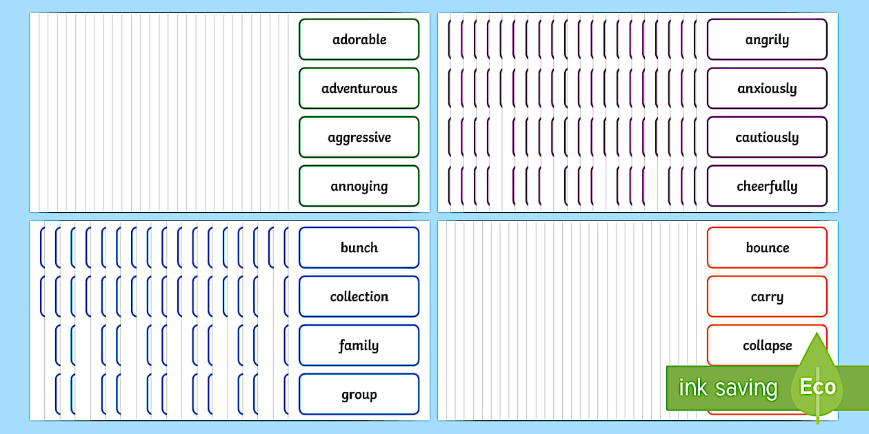 Editable Adjectives, Adverbs, Nouns and Verbs Word Cards Pack
