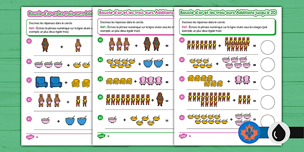 Goldilocks and the Three Bears Addition Sheets French