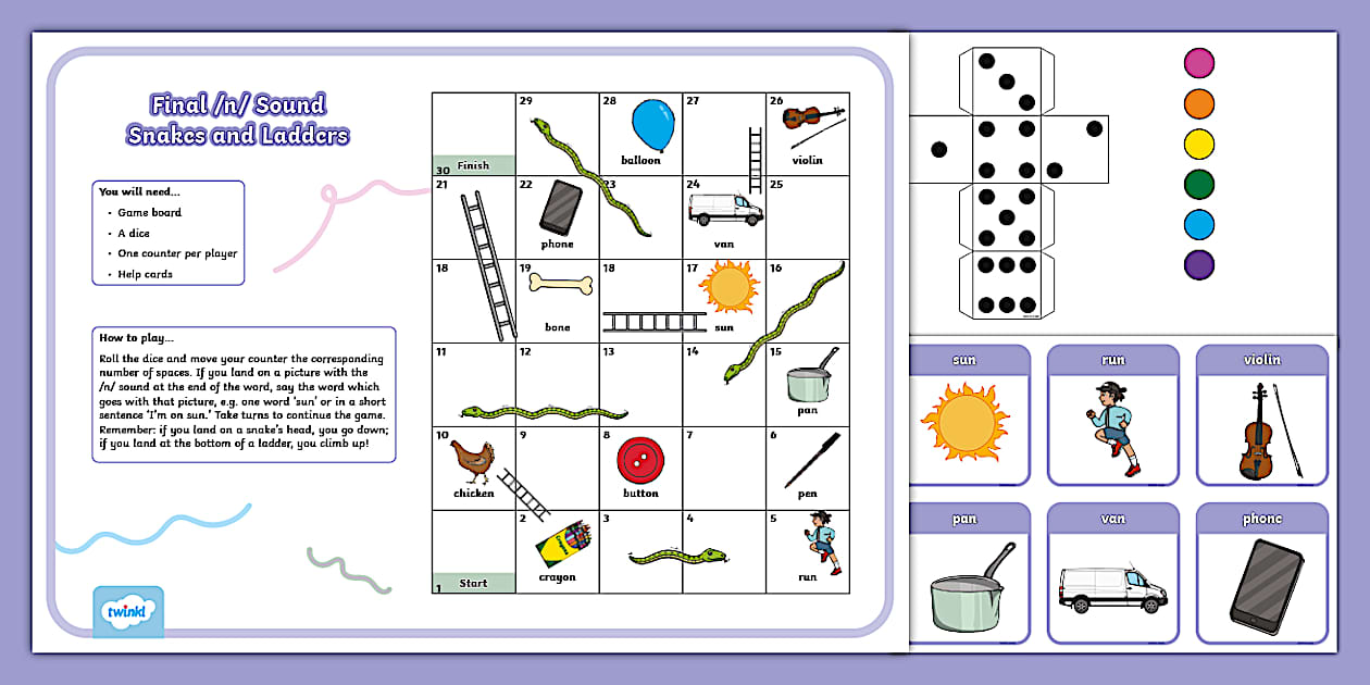 Final /n/ Sound Snakes and Ladders (teacher made) - Twinkl