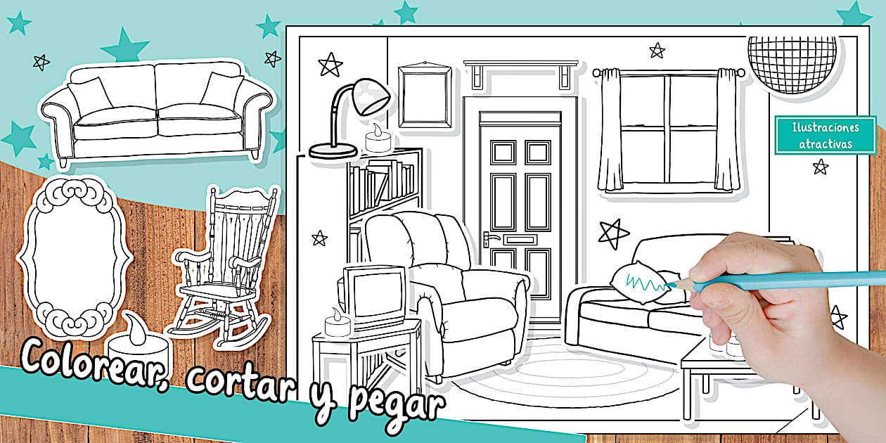 Ficha de actividad: Colorear, cortar y pegar - Diseña una sala de estar
