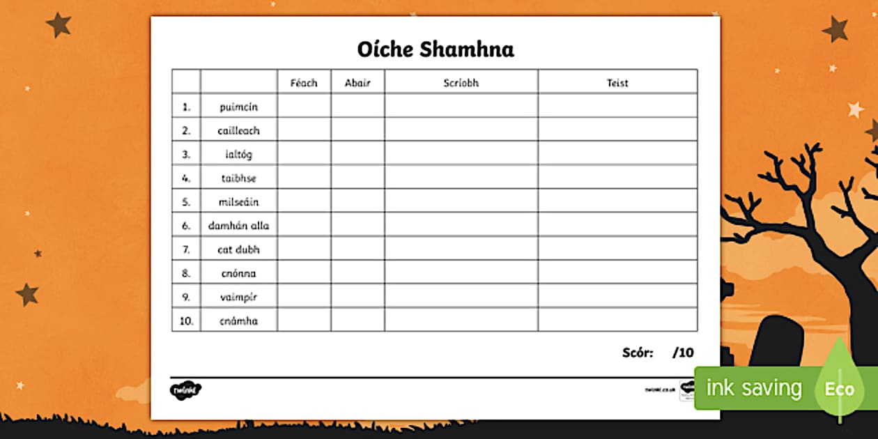 Oíche Shamhna Spelling List Worksheet / Worksheets Gaeilge