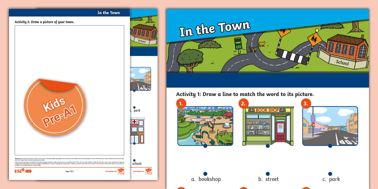ESL In the Town Activity Sheet for Kids (teacher made)