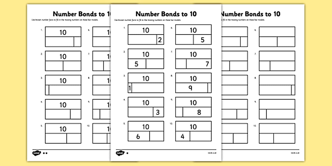 Number Bonds to 10 Worksheet - Missing Addend Worksheet