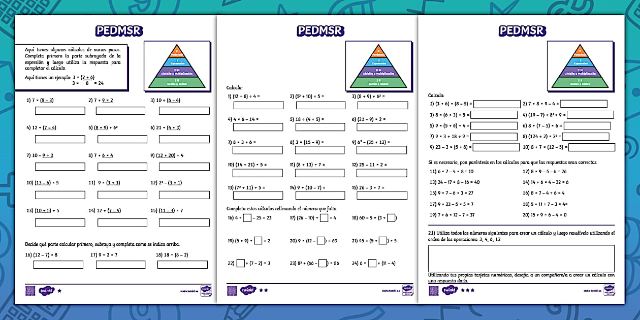Fichas de actividad: Orden de operaciones matemáticas – PEDMSR