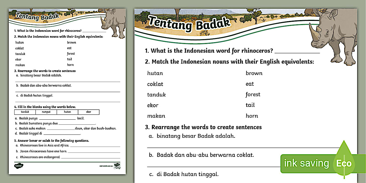 Indonesian Animals: All About Rhinos Upper Primary