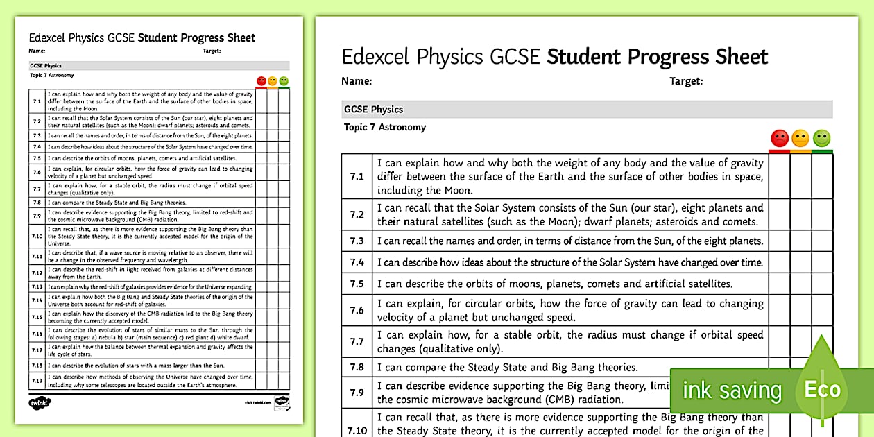 Edexcel Style GCSE Physics, Astronomy Progress Sheet