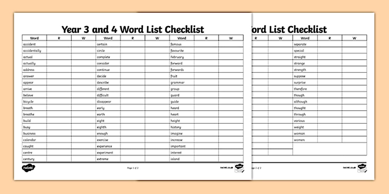 Dyslexic Year 3 and 4 Word List Checklist (teacher made)