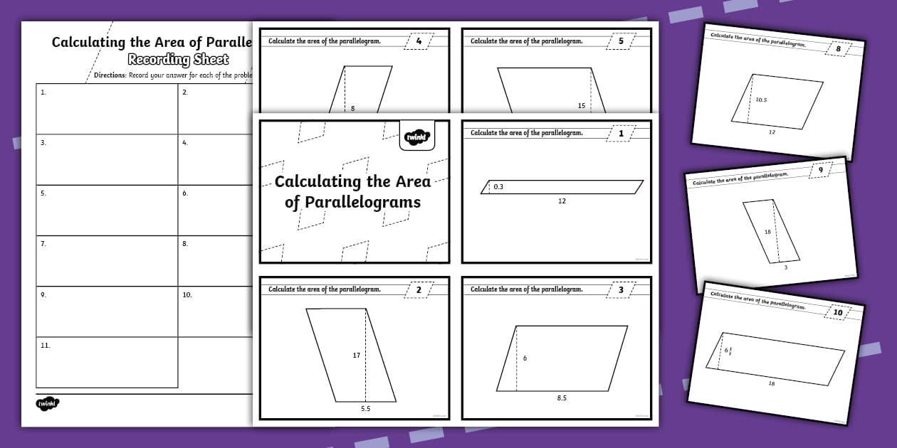 6th Grade Calculating the Area of Parallelograms Task Cards