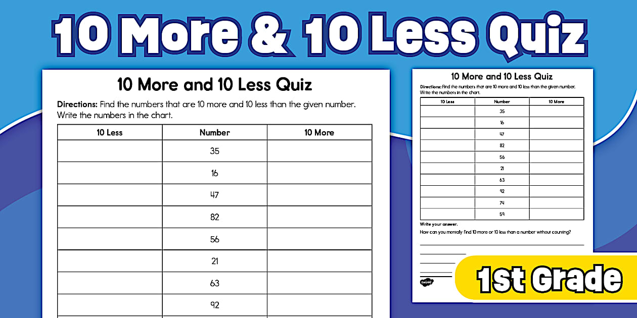 First Grade 10 More and 10 Less Quiz