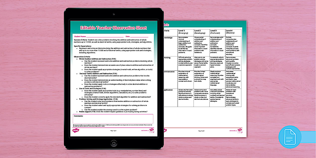 Addition & Subtraction Observation Sheet & Rubric