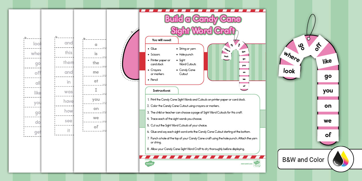 Kindergarten Build a Candy Cane Sight Word Craft - Twinkl