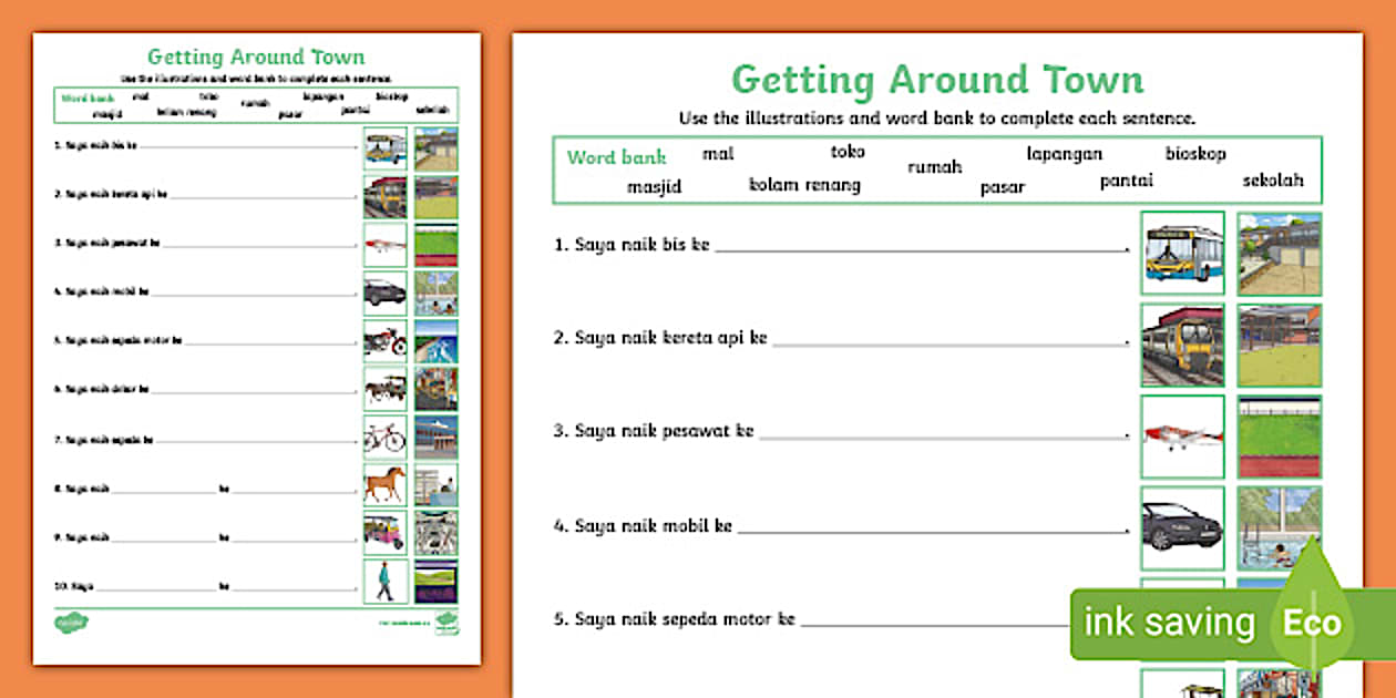 Editable Getting Around Town Sentences Indonesian - Twinkl