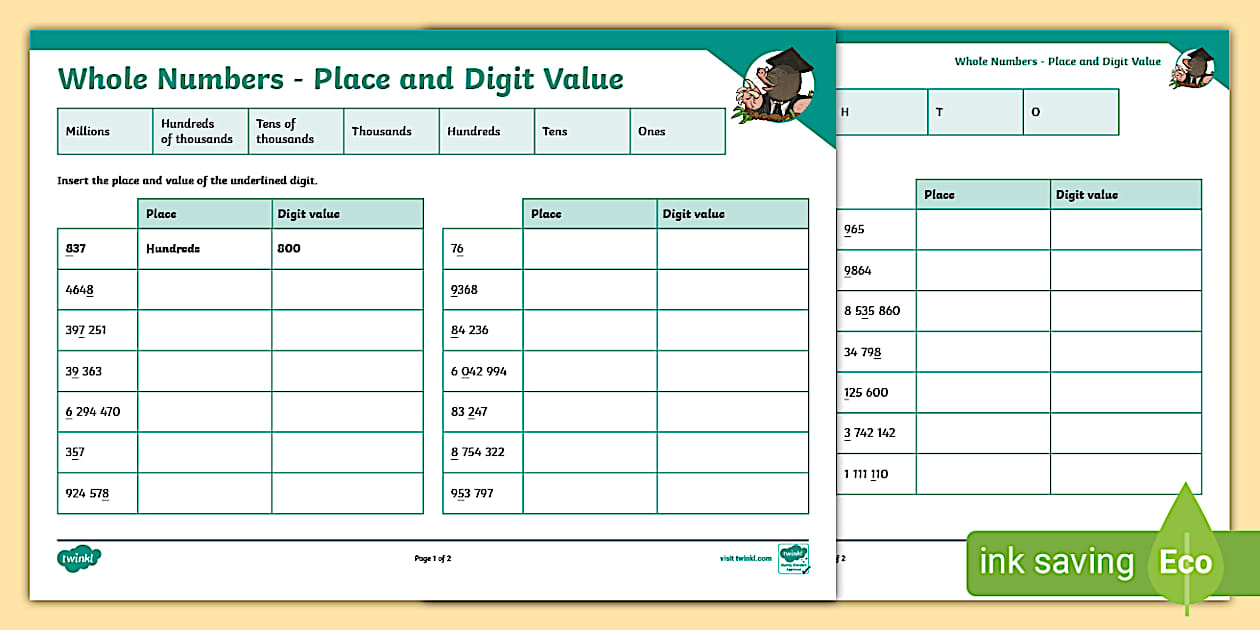 Whole Numbers - Place and Digit Value (teacher made)