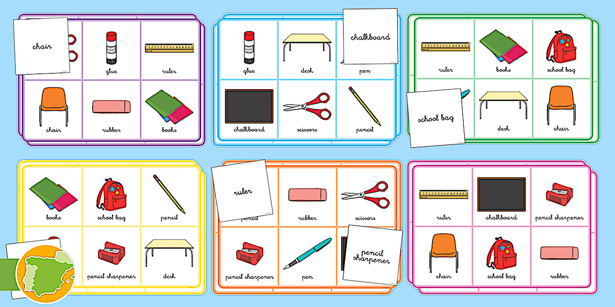 Bingo en inglés primaria: Objetos de la clase en inglés