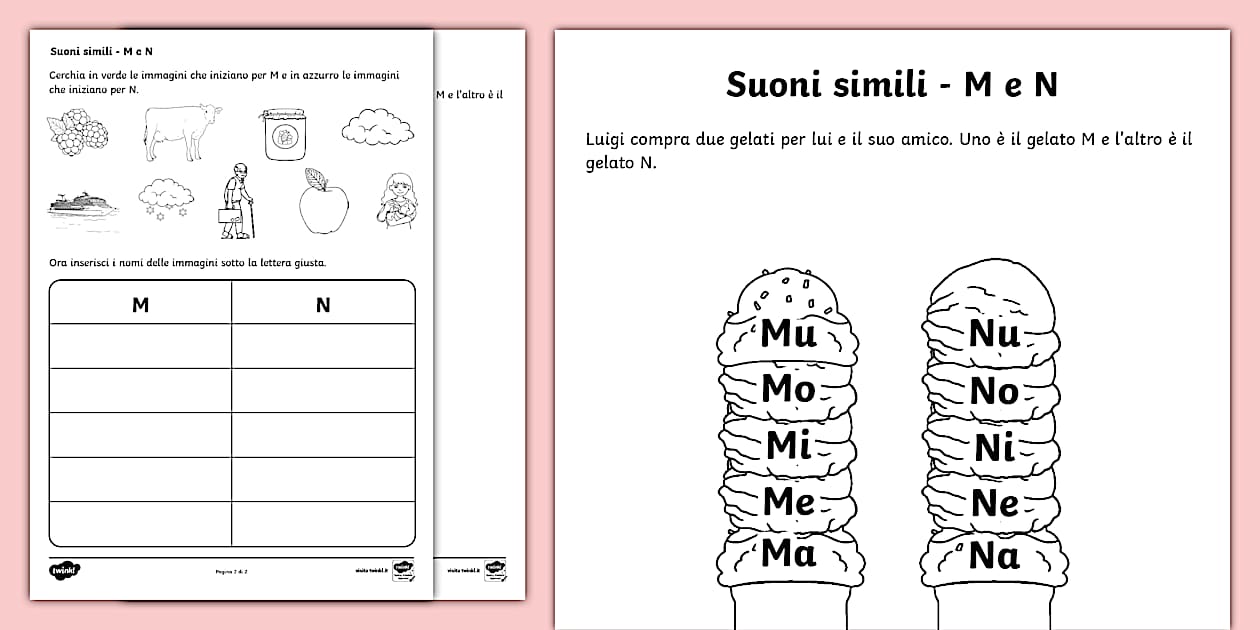 Suoni simili - M e N - Scheda esercizi - Twinkl