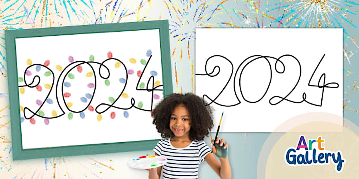 Hoja de colorear: Año 2024 con luces de Navidad - Twinkl